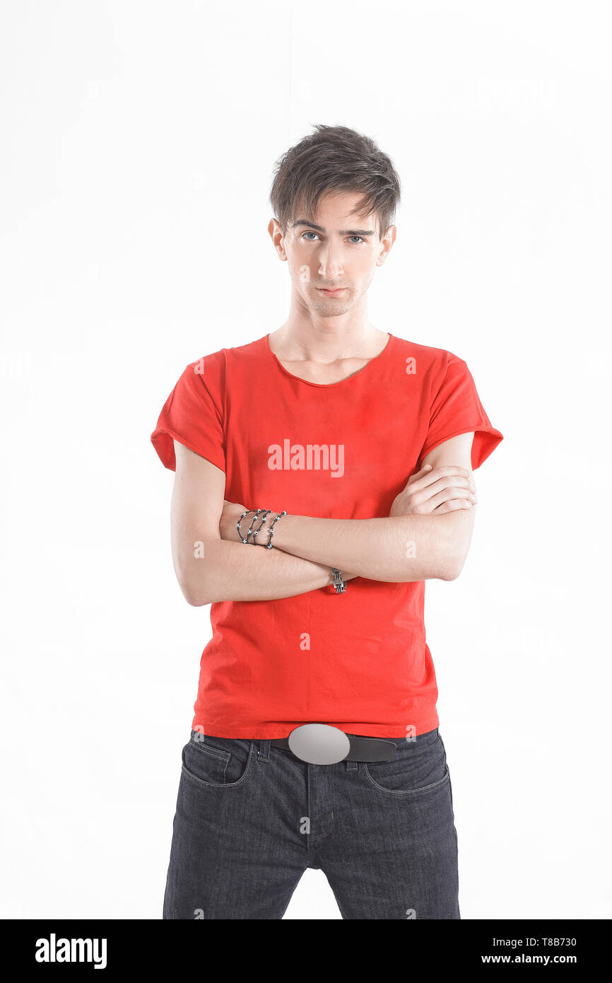 creative young man in the red shirt .isolated on white background Stock ...