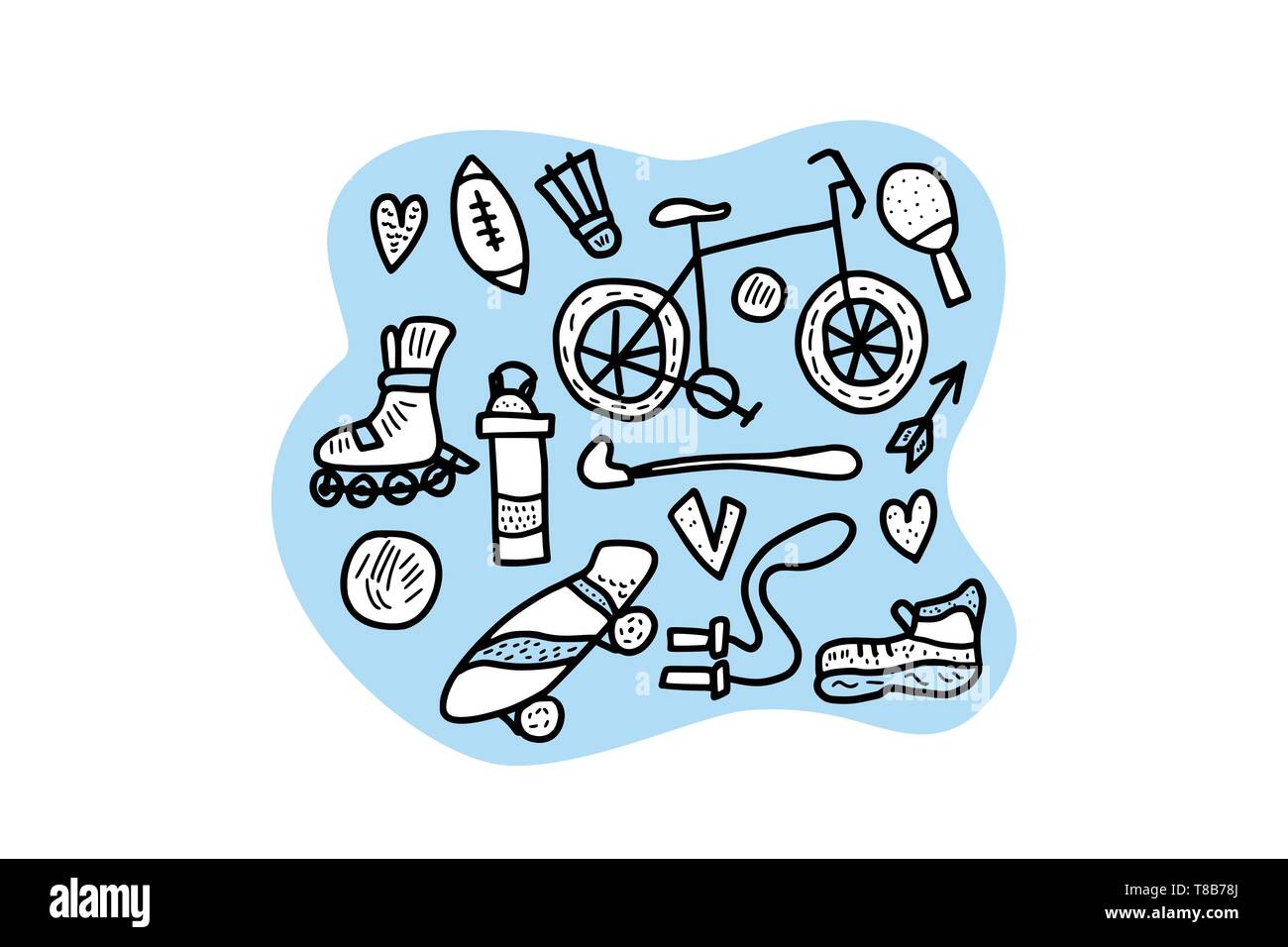 Healthy lifestyle tools, symbols in doodle style. Sport activities ...