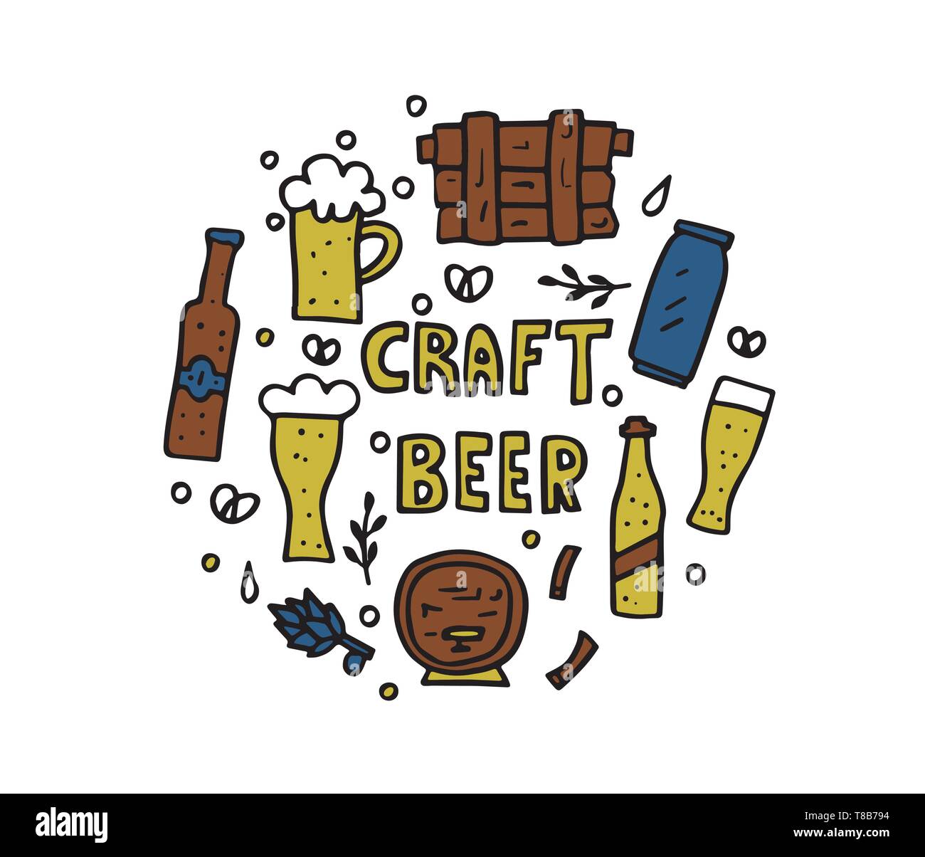 Craft beer concept. Round badge with pub elements set in doodle style ...