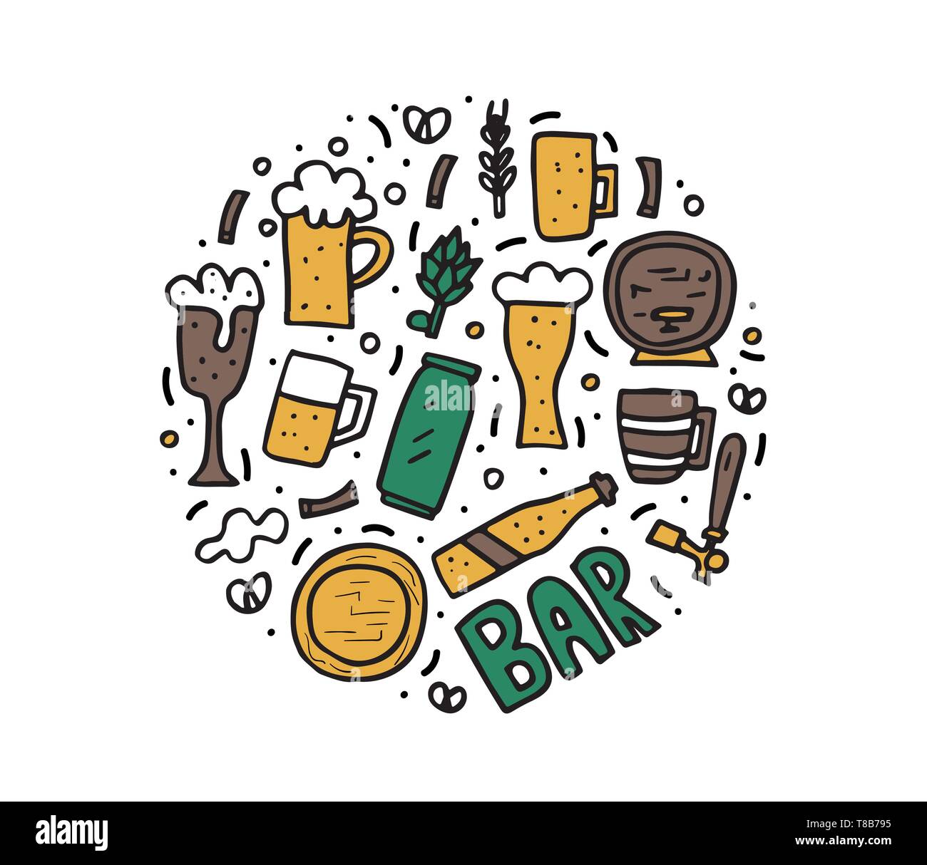 Circle composition woth craft beer elements set in doodle style. Round ...