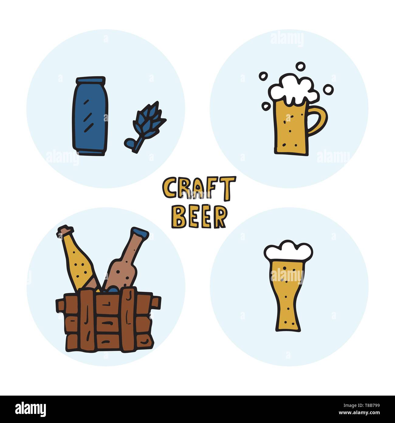 Craft beer elements set in doodle style. Round badges with symbols and ...