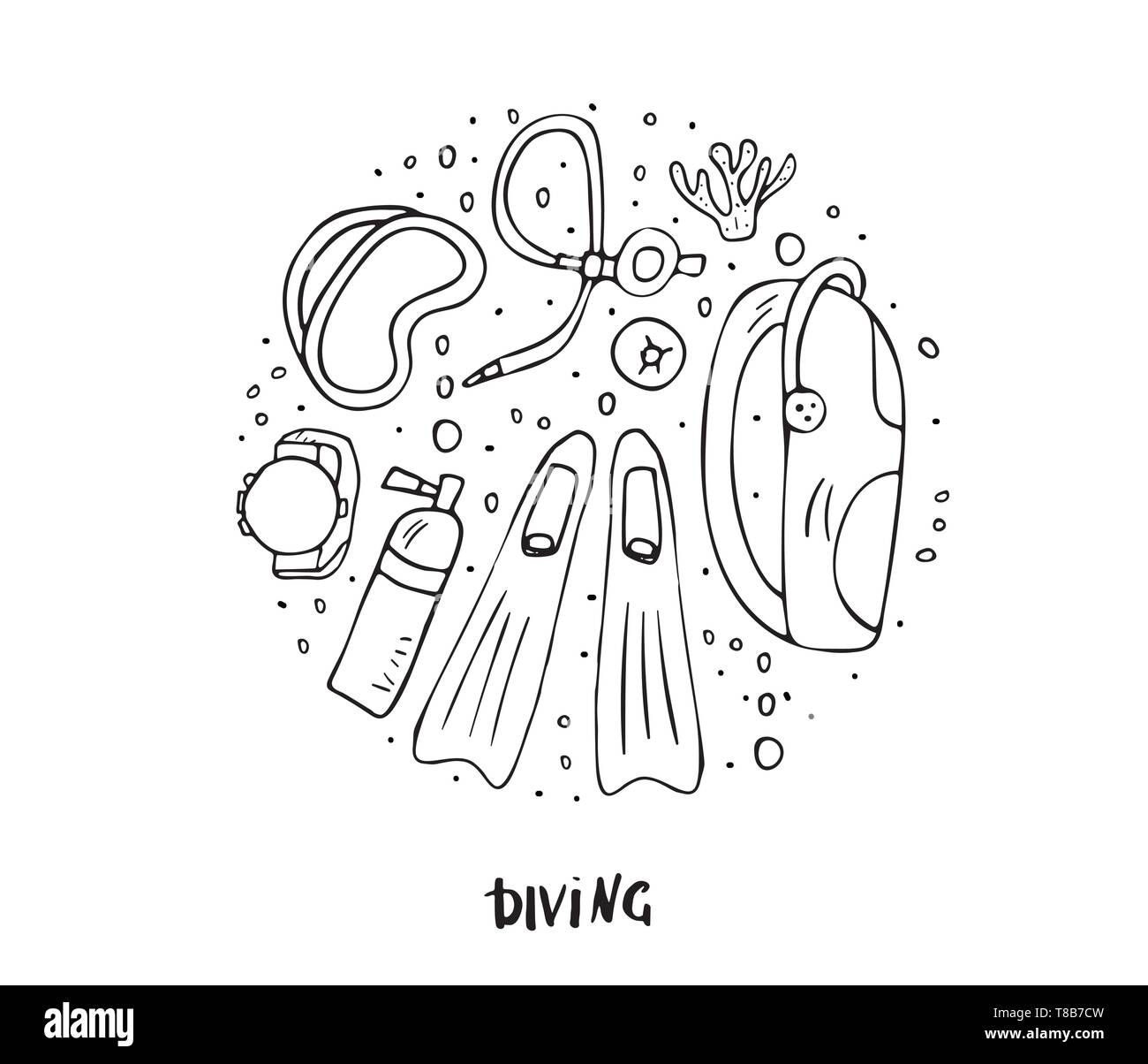 Scuba diving set of elements and equipment. Round badge with underwater ...