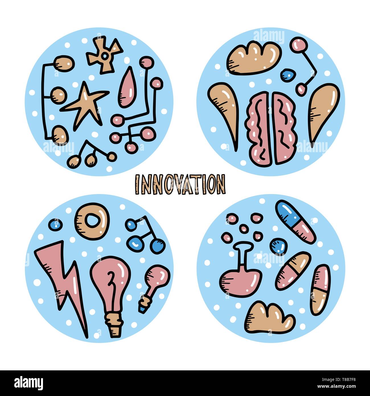 Set of round badges of innovation concept in doodle style. Vector ...