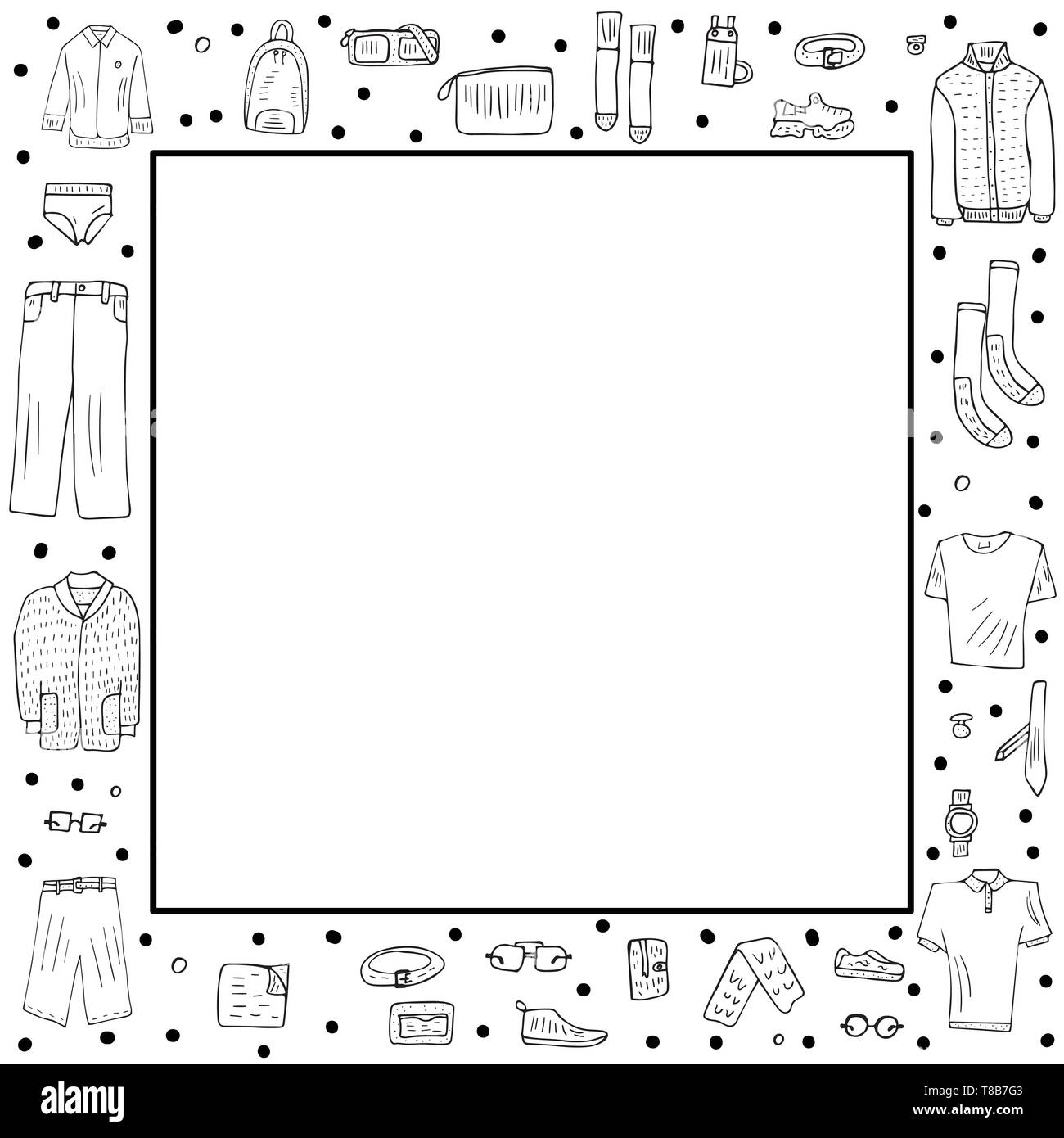 Square frame of men apparel and accessories set in doodle style ...