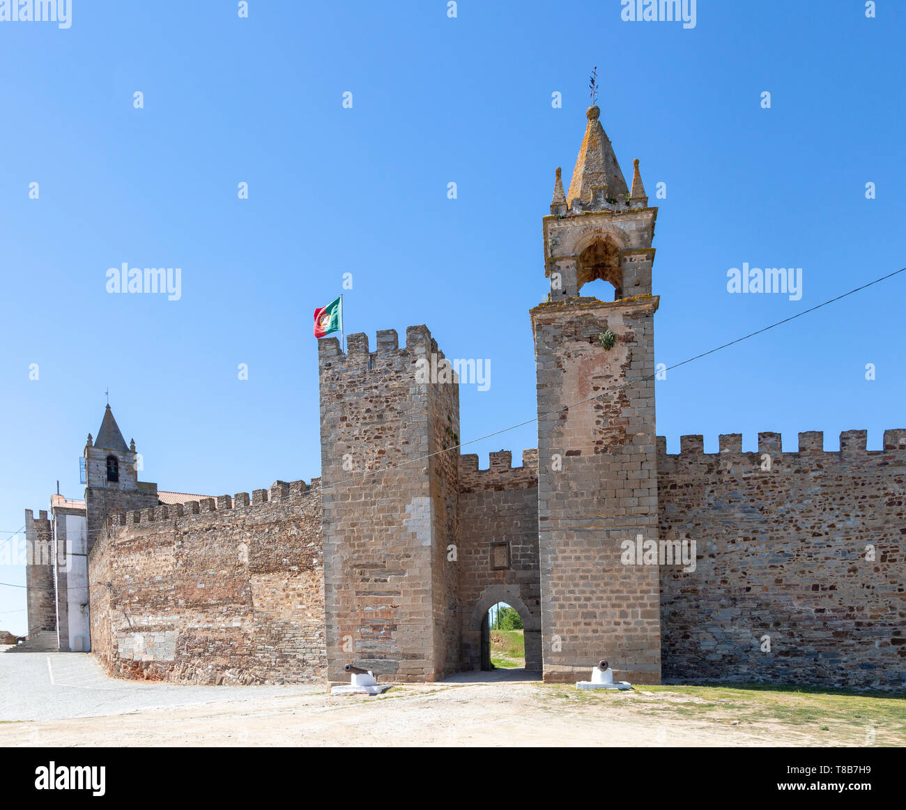 Matriz church in walls of historic ruined castle at Mourão , Alentejo ...
