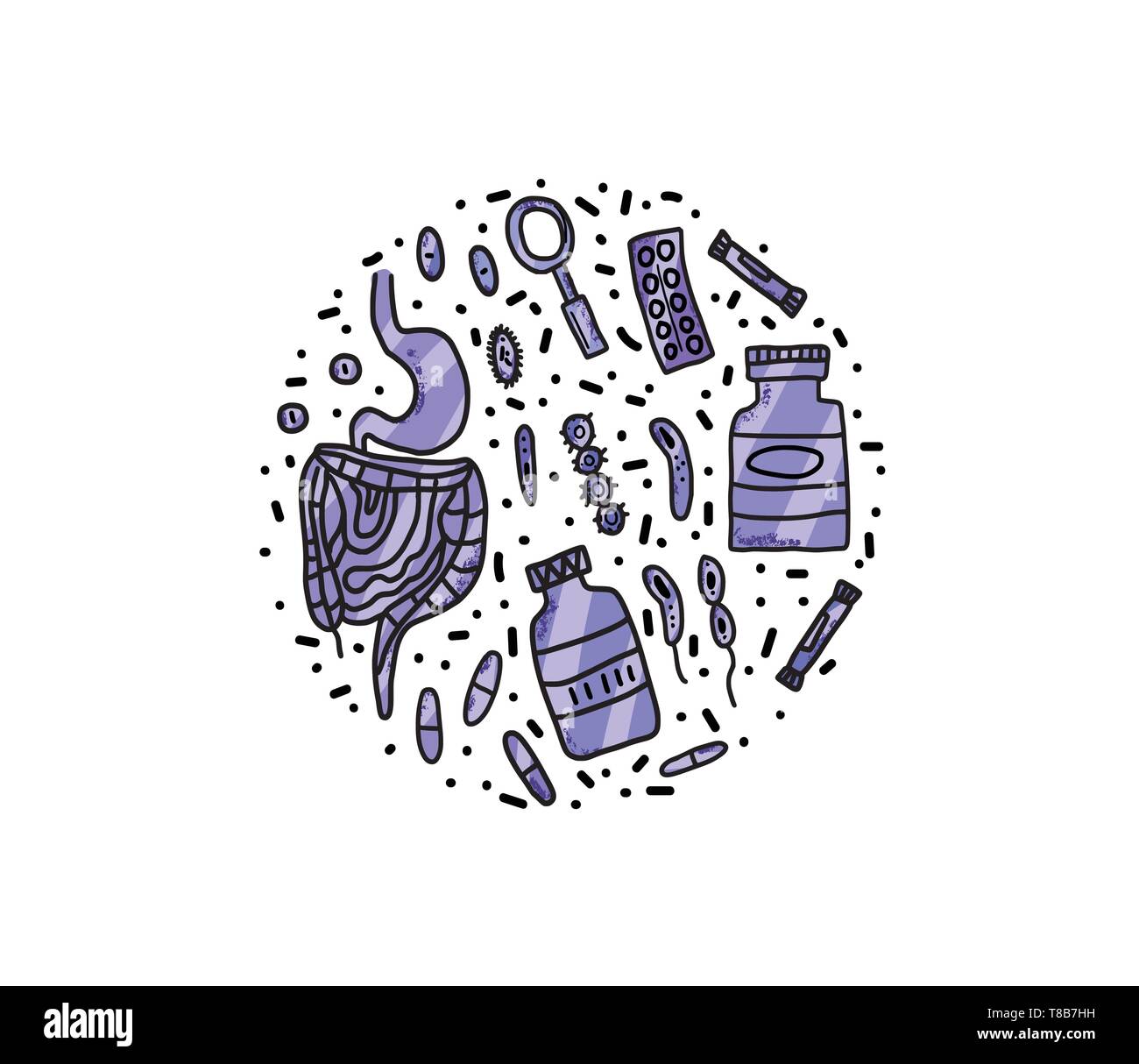 Probiotics round concept. Set of treatment of digestive system symbols ...