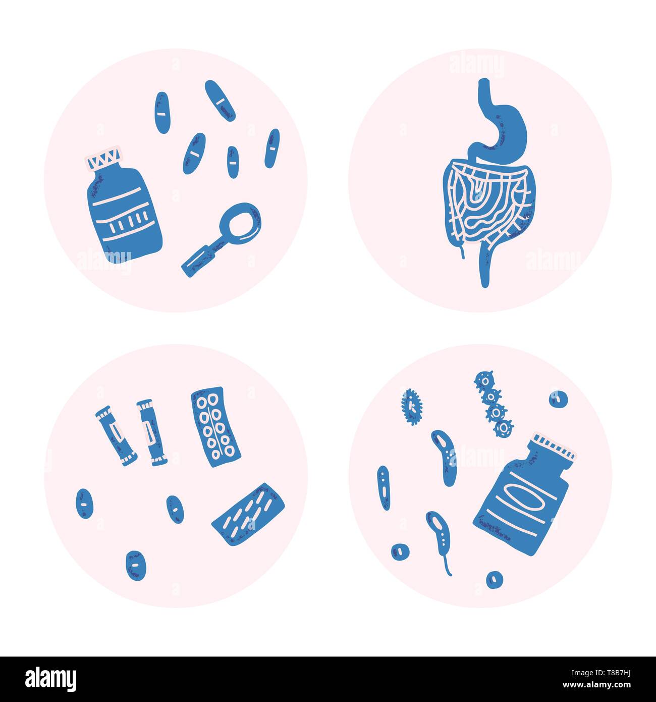 Collection of round badges with probiotics elements. Set of treatment ...