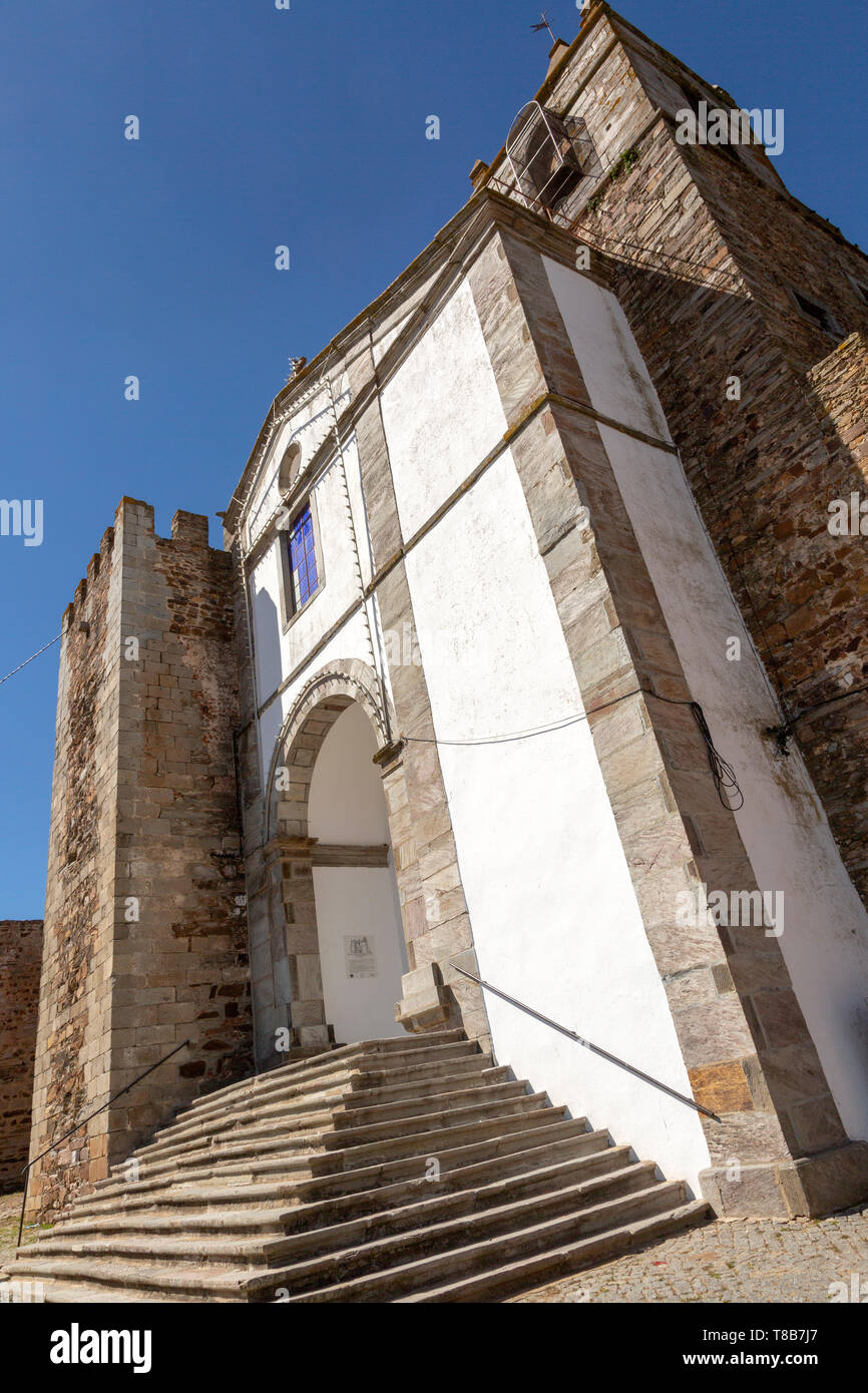 Matriz church in walls of historic ruined castle at Mourão , Alentejo ...