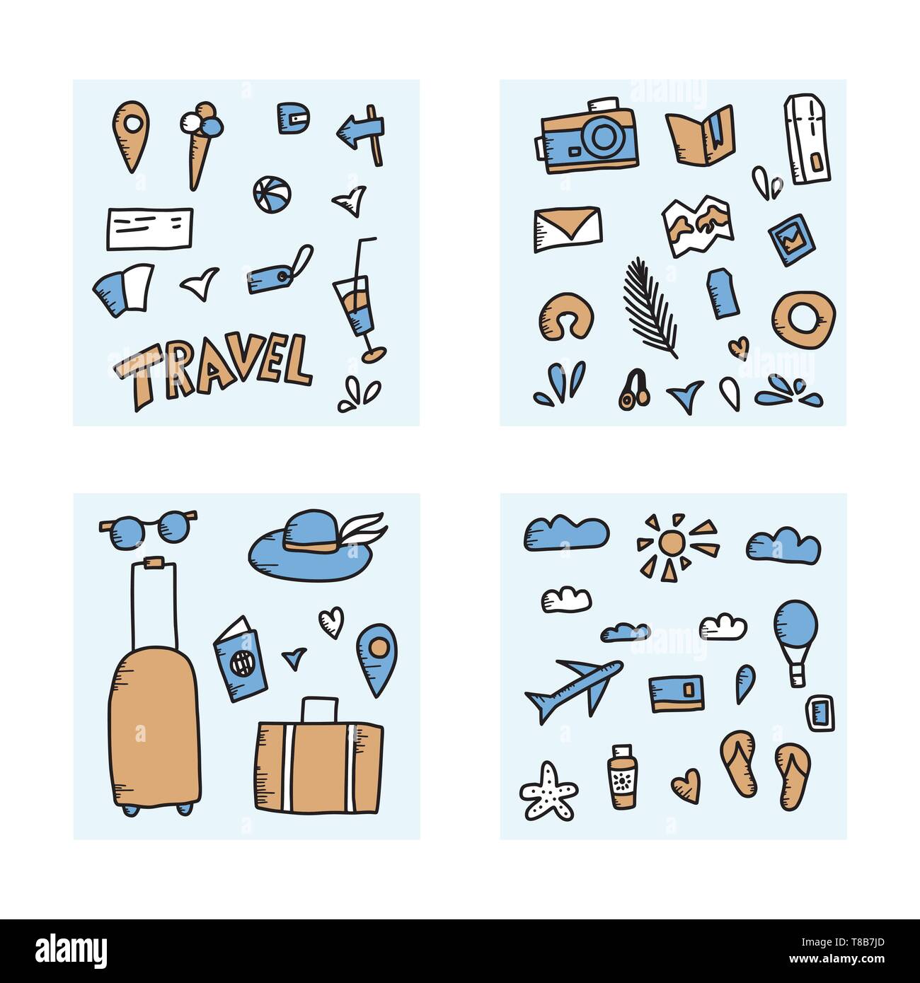 Set of travel symbols in doodle style. Hand drawn vector trip elements ...