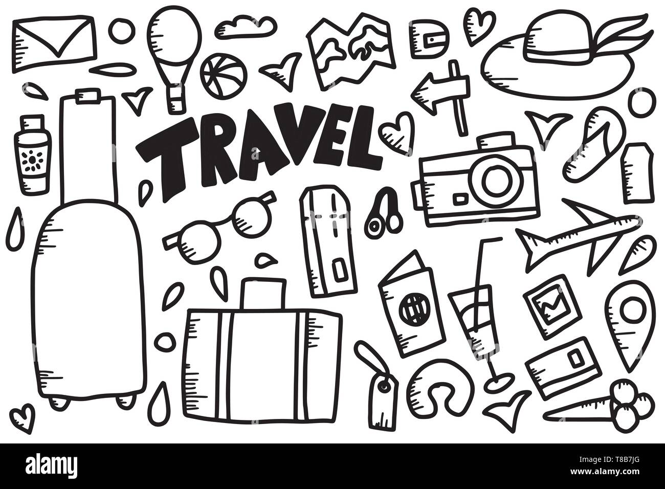 Travel symbols collection in doodle style. Hand drawn trip elements ...
