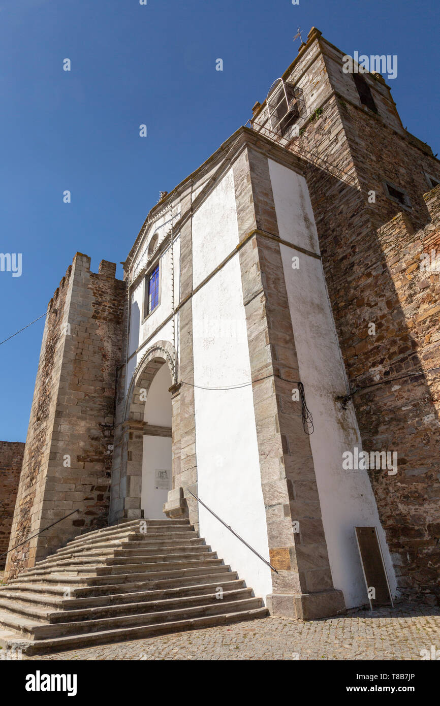 Matriz church in walls of historic ruined castle at Mourão , Alentejo ...