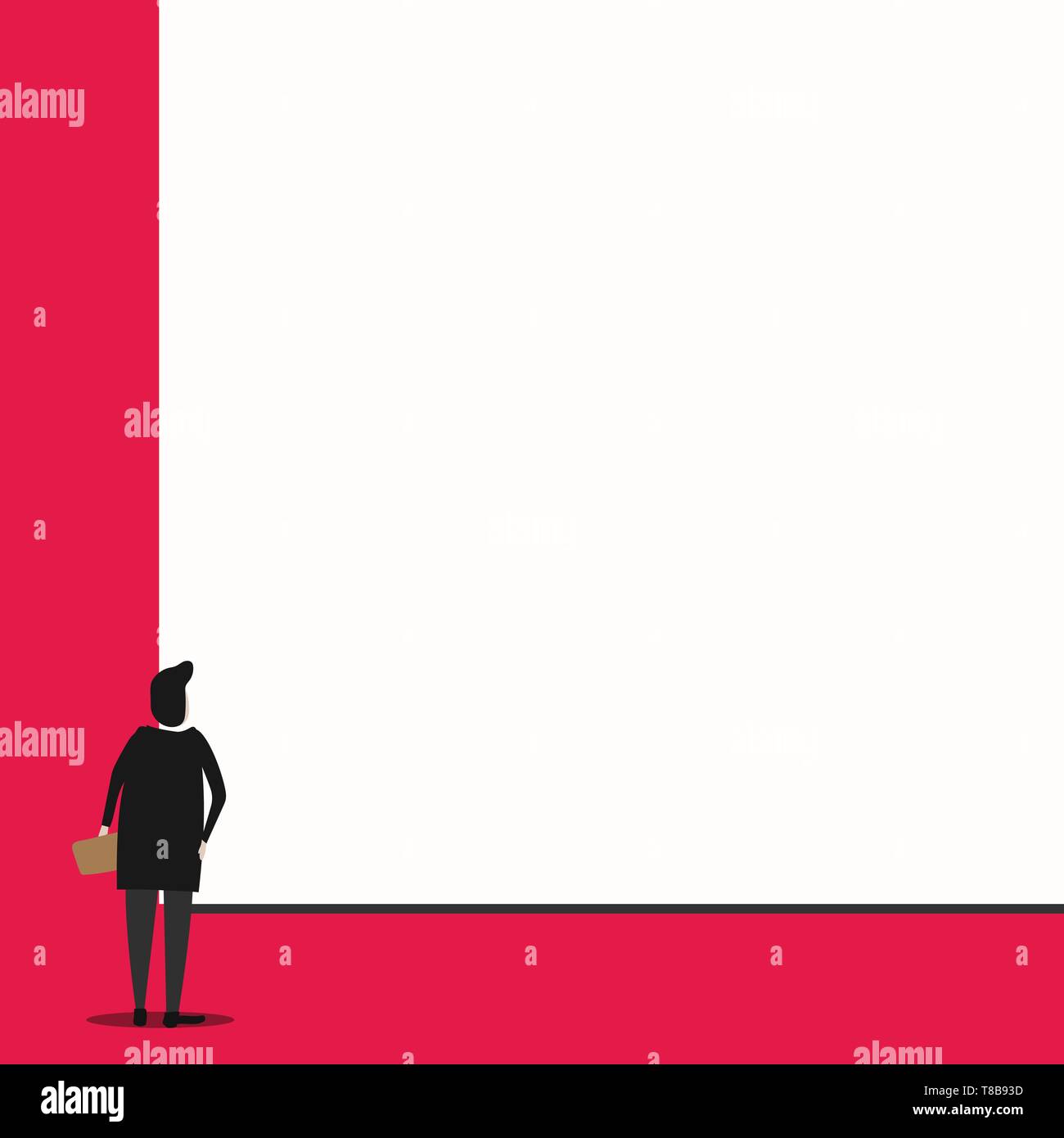 Man stands in back view in front of huge empty blank big rectangle ...