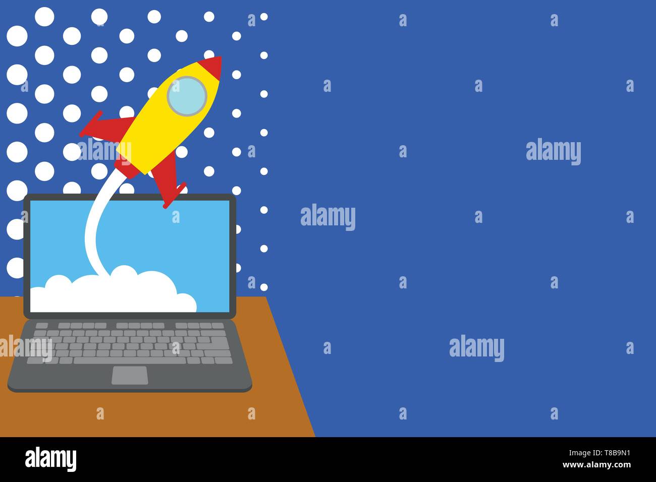 Successful rocket launching clouds out laptop background. Startup ...