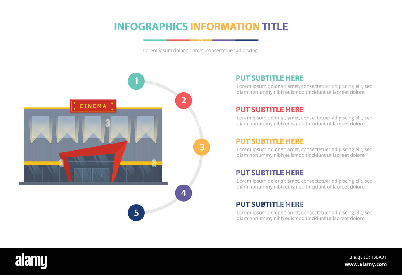 cinema building infographic template concept with five points list and ...