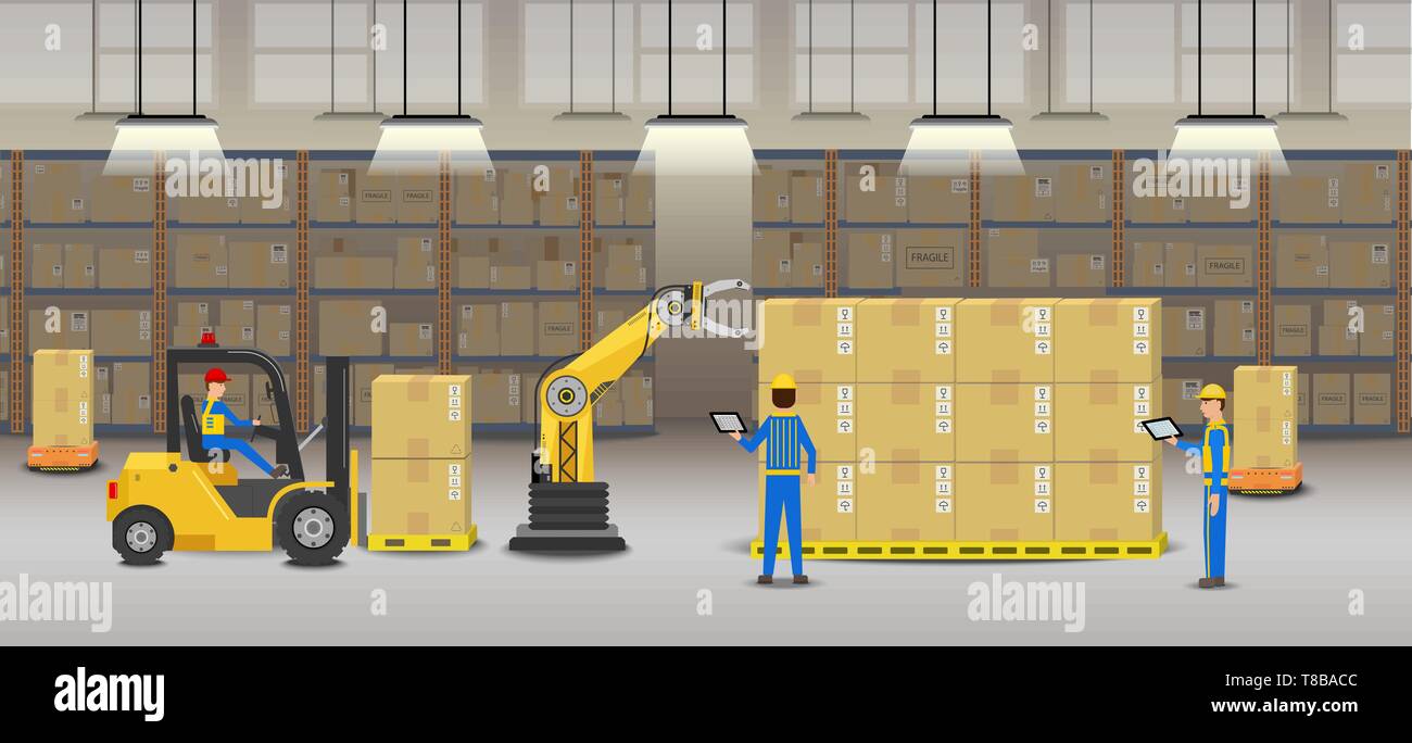 Warehouse in process with workers working flat design vector ...