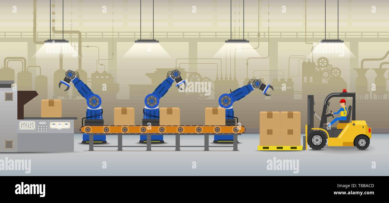 Automation factory concept with robot working flat design vector ...