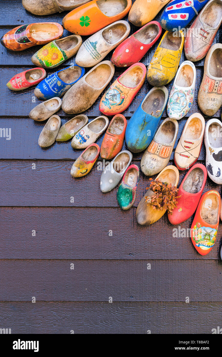 Set of different colorful vintage Dutch wooden clogs Stock Photo - Alamy