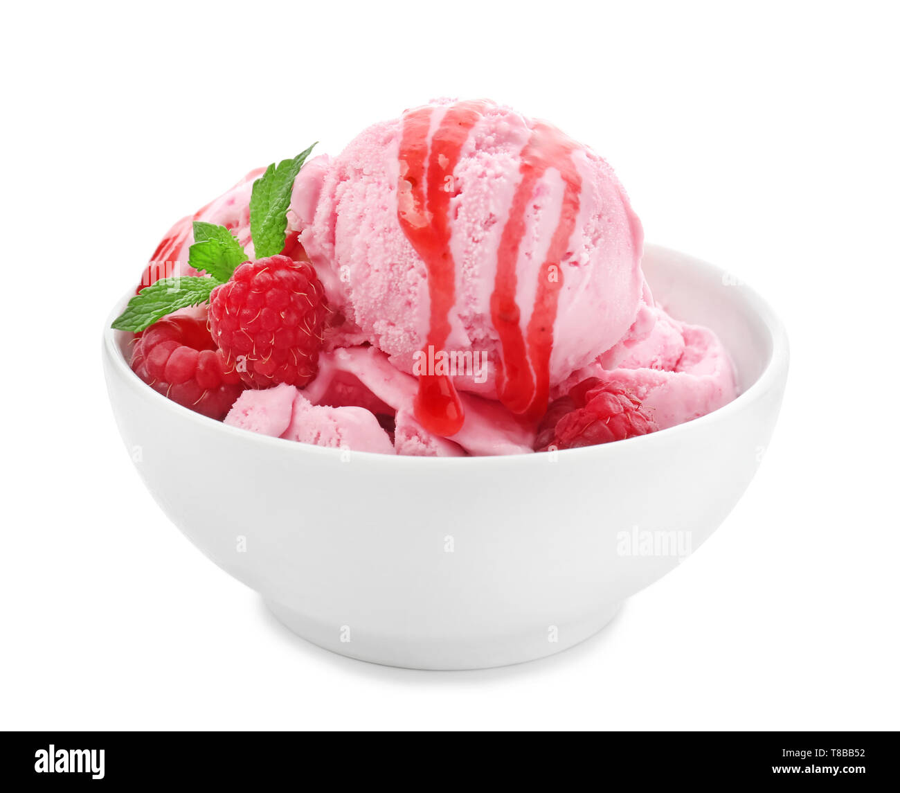 Bowl with delicious raspberry ice-cream on white background Stock Photo ...