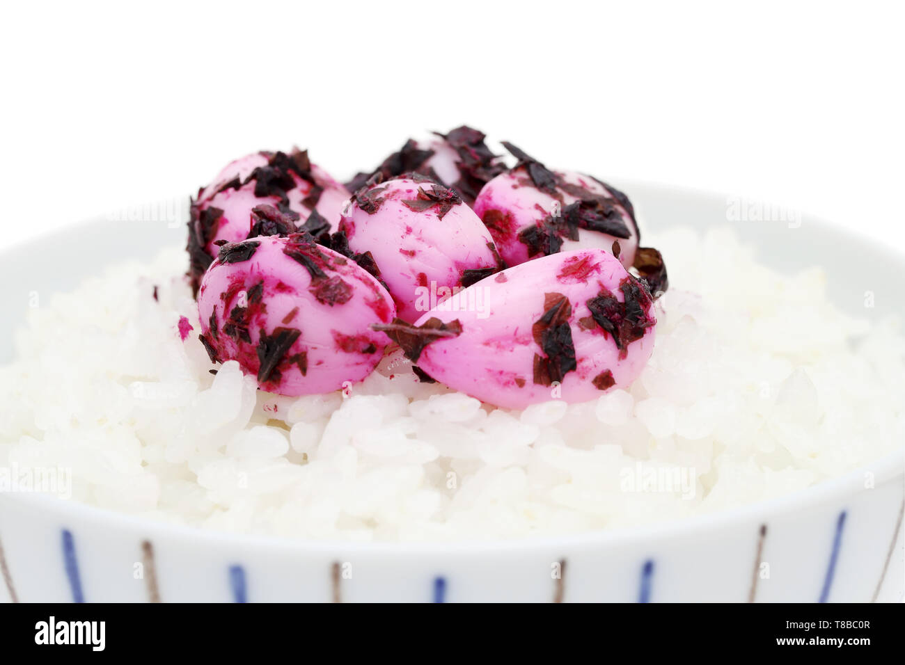 Japanes food, Shiso pickled garlic with cooked white rice on white ...