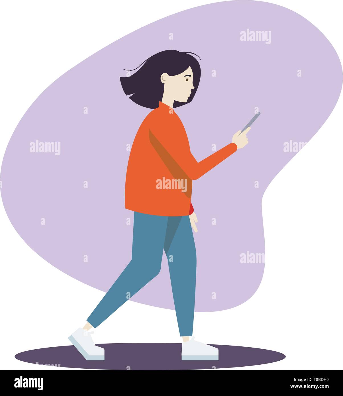 The girl goes and looks into the phone. Illustration in flat style ...