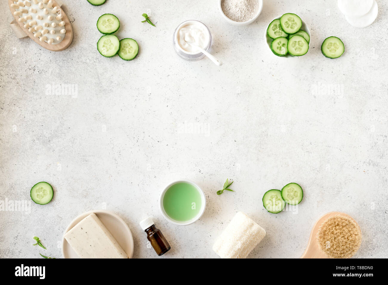 Natural Spa with cucumbers, copy space, flat lay. Organic spa cosmetic ...