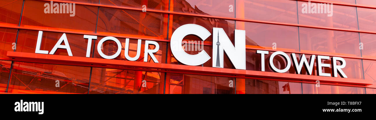 A close up of the sign welcoming visitors to the CN Tower in Toronto ...