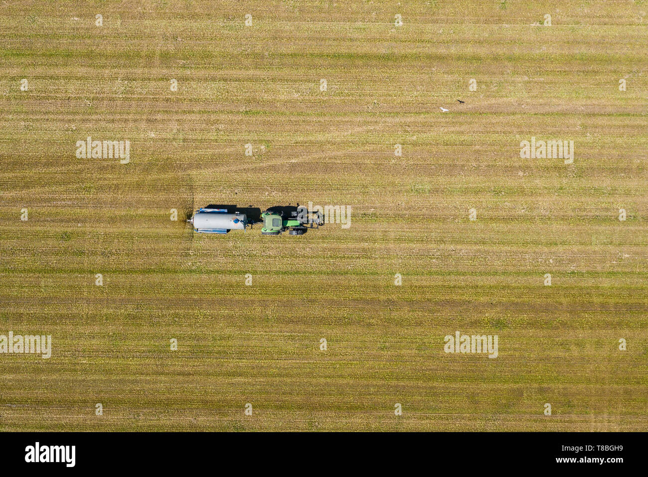 Aerial view of farming tractor plowing and spraying on field ...