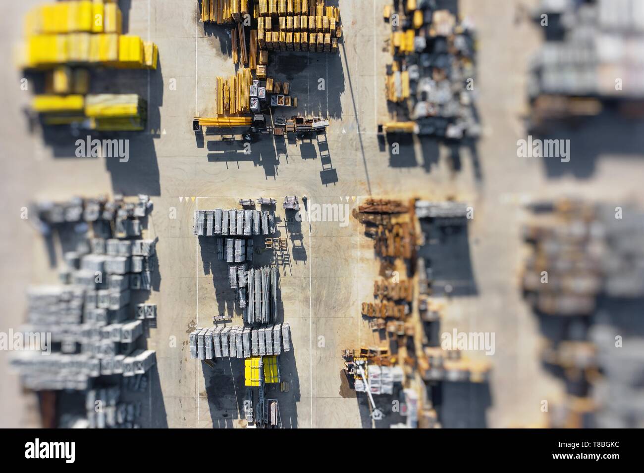 Aerial view of storage place. Construction materials in industrial city ...