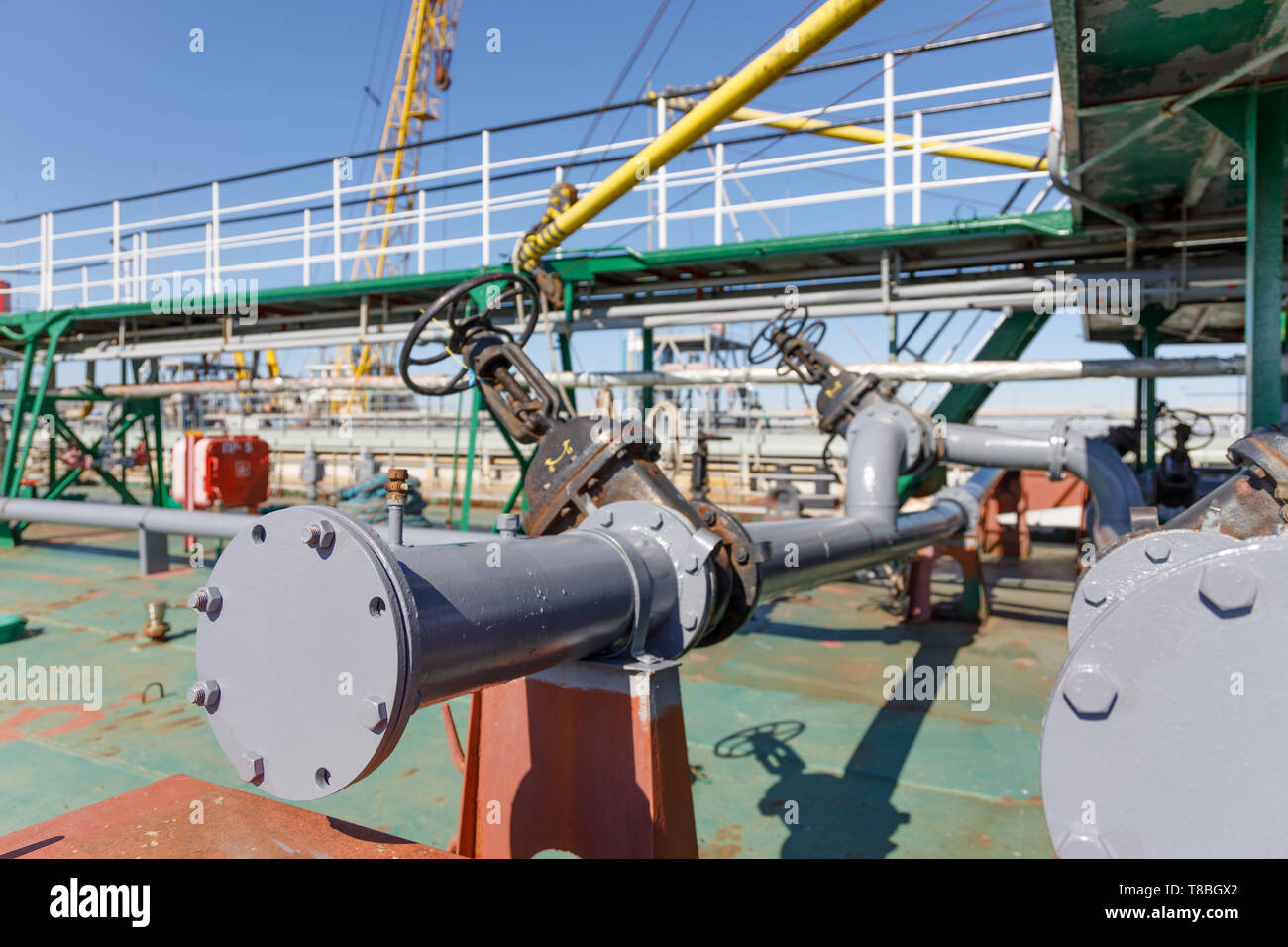 Pipeline for discharging liquid cargo from oil chemical tanker Stock ...