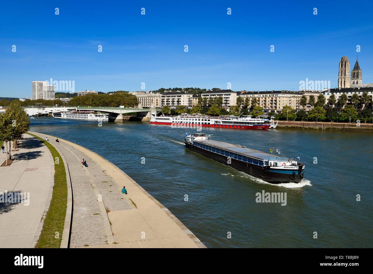 France, Seine Maritime, Rouen, barge on the Seine and the Boieldieu ...
