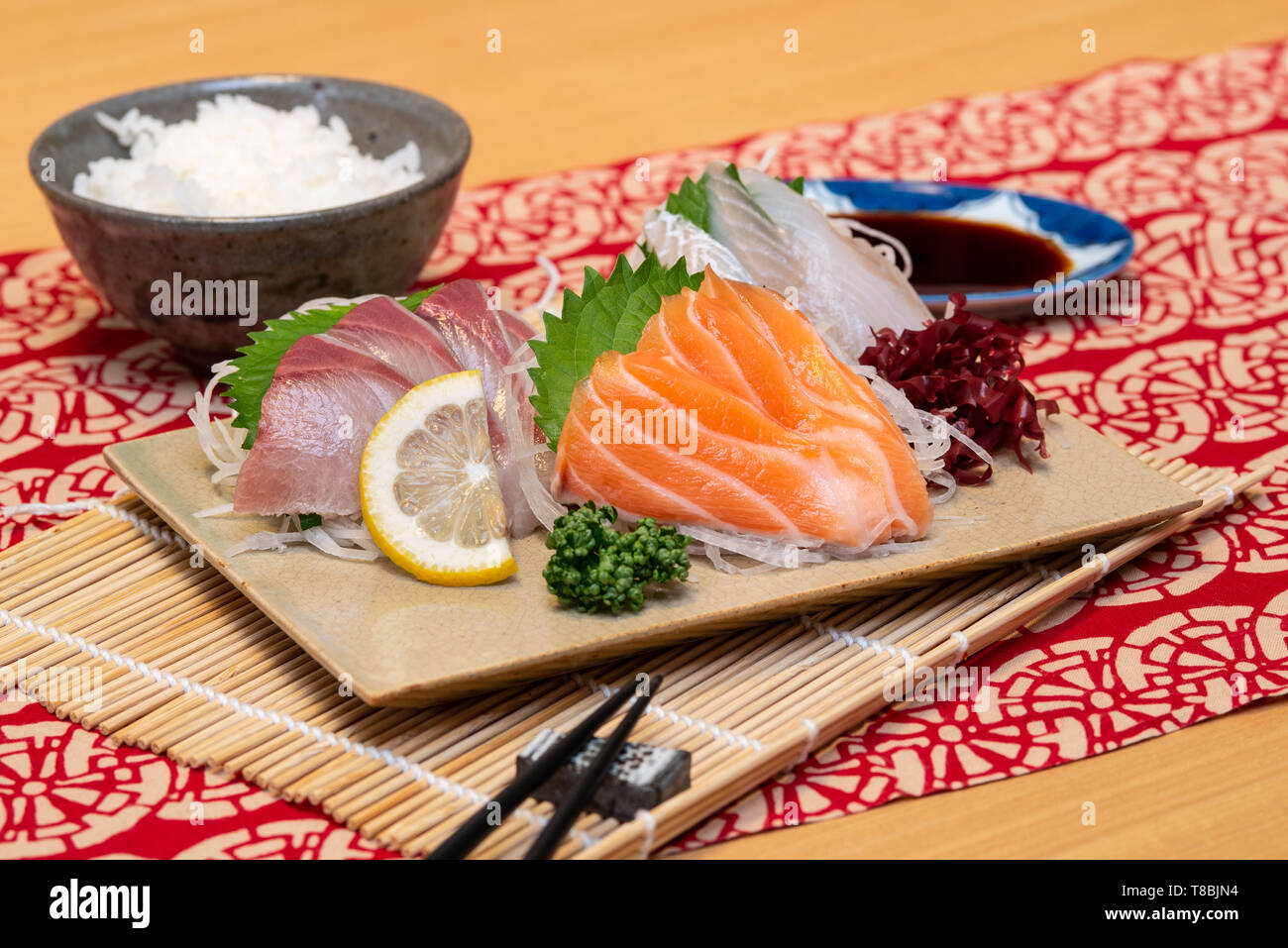 various fresh sashimi plate japanese food Stock Photo - Alamy
