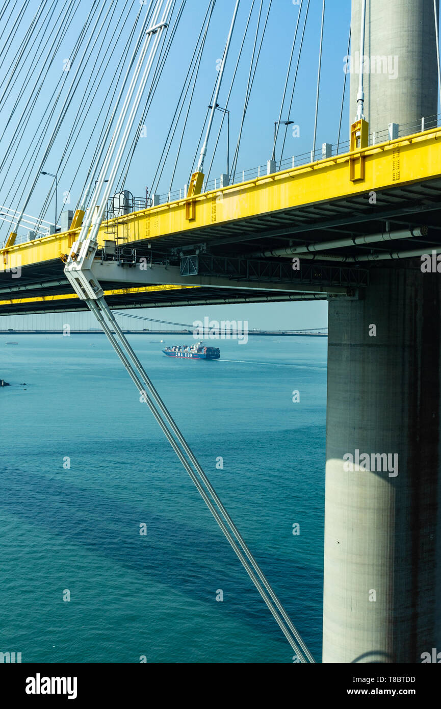 Close crop view of steel Ting Kau Bridge in Hong Kong, which connects ...