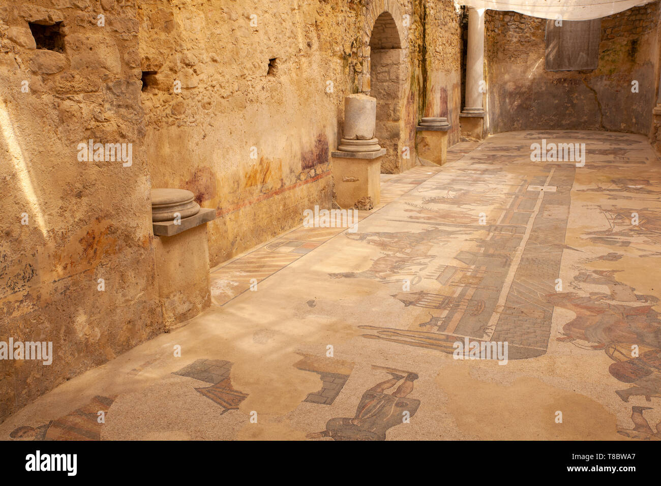 The Circus Maximus mosaic from the two-apse room in the villa’s bathing ...