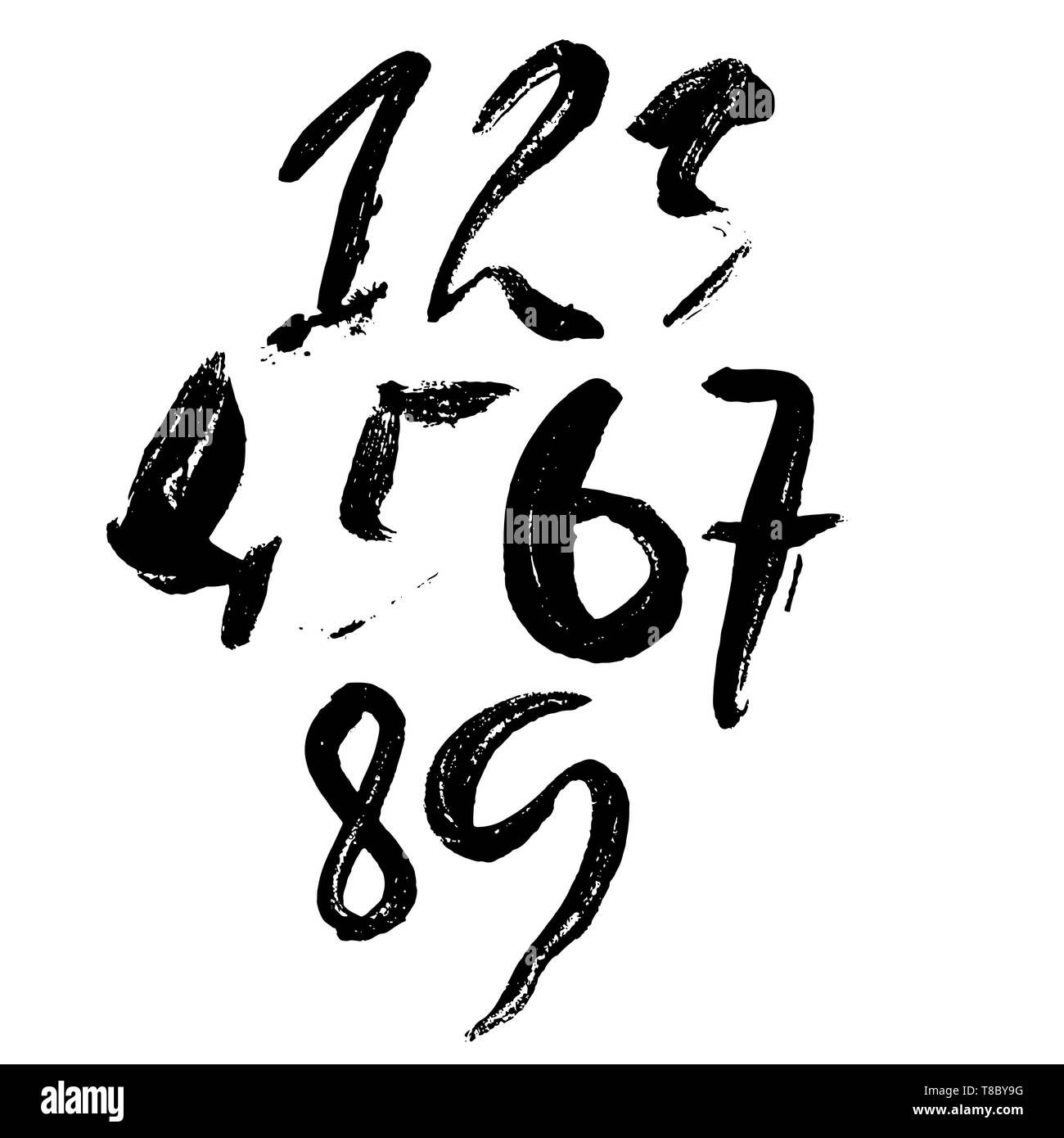 Set of grunge handdrawn numbers. Modern dry brush lettering. Vector ...