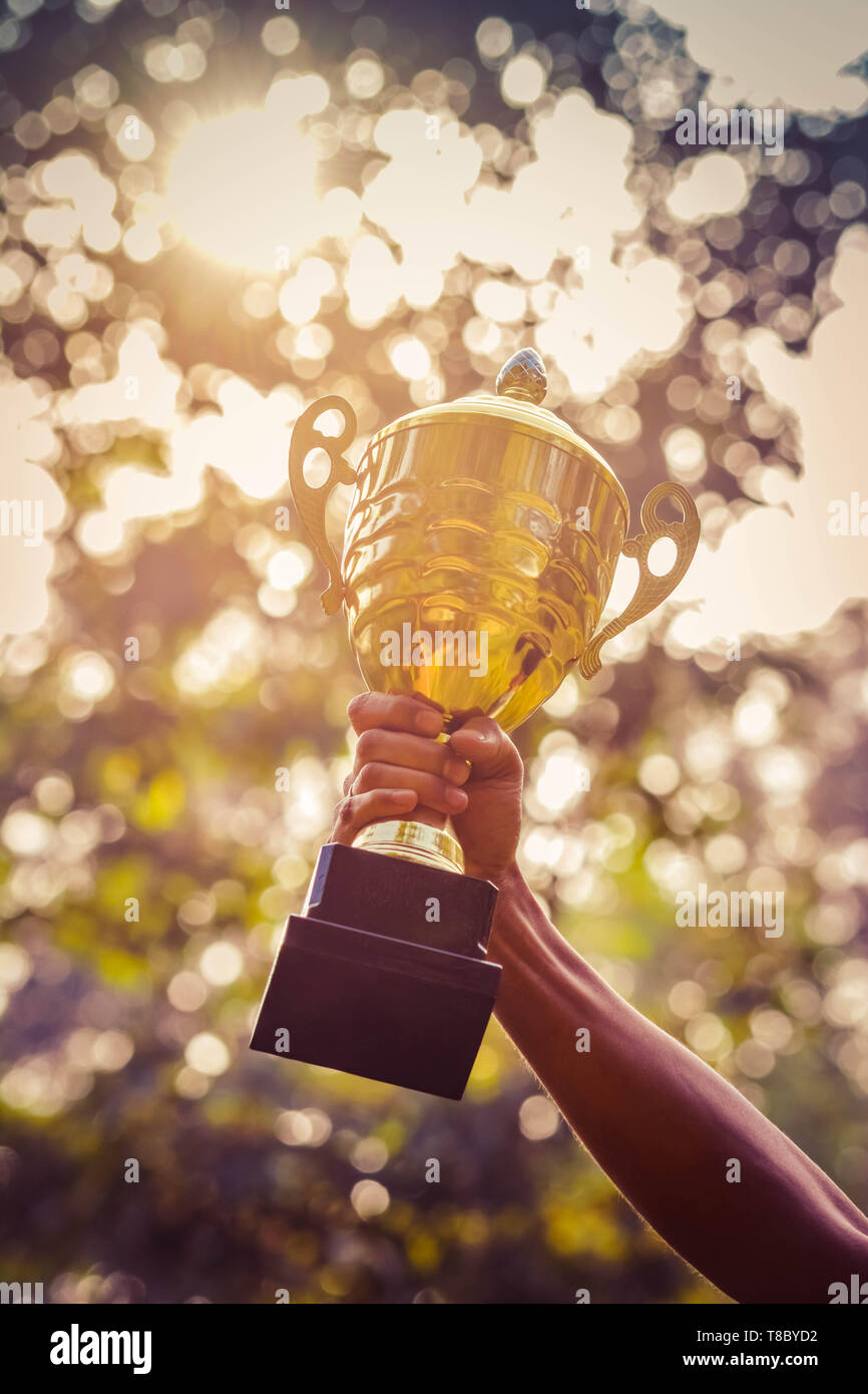 Holding gold trophy Stock Photo - Alamy