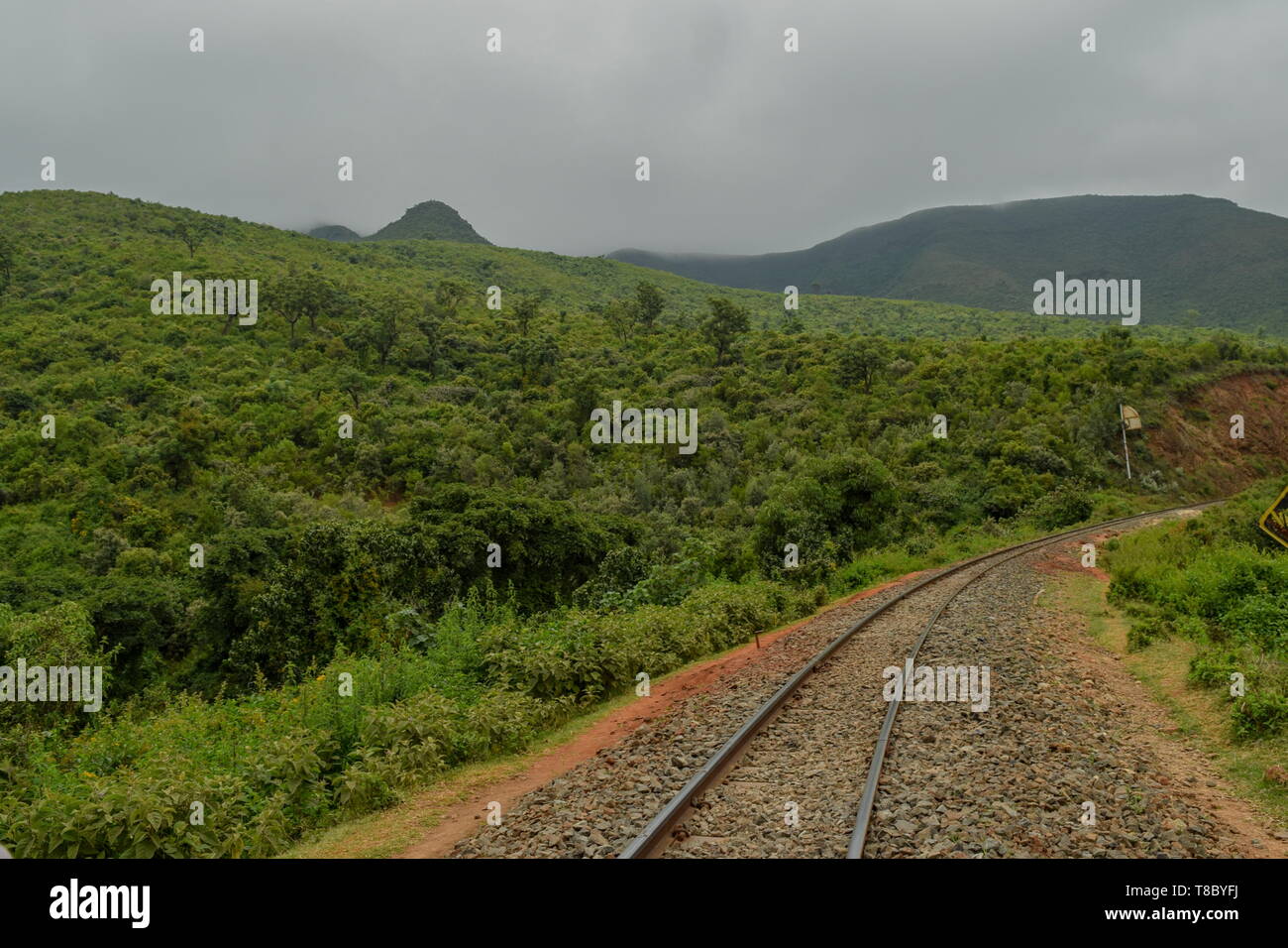 A railway line against a foggy mountain background, Kijabe KENYA Stock ...