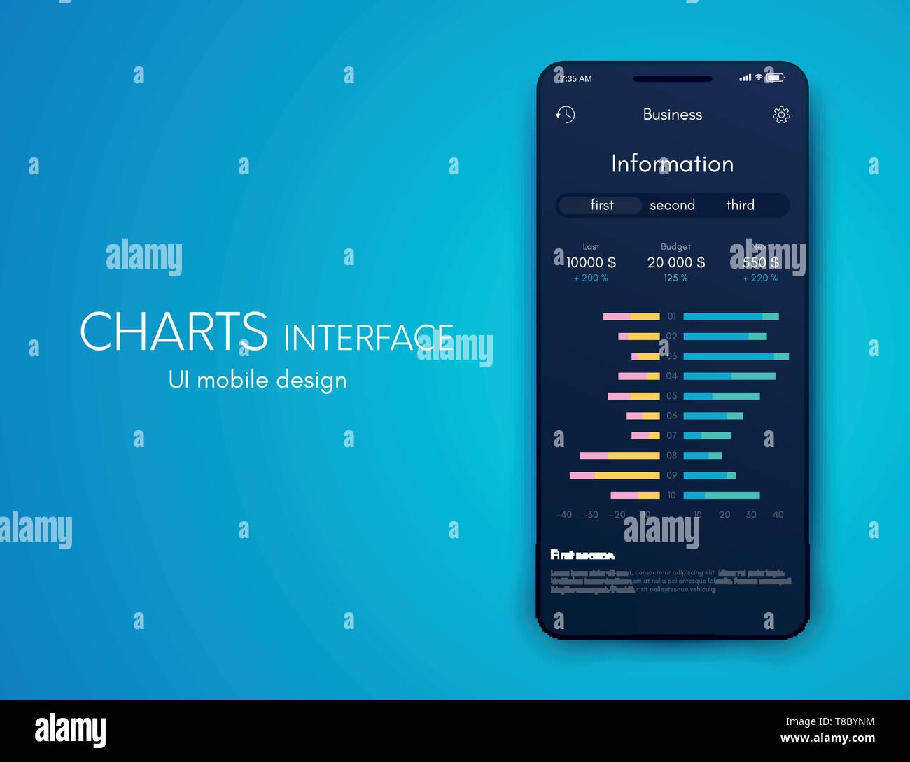 User interface with infographics with charts and graphs in flat design ...