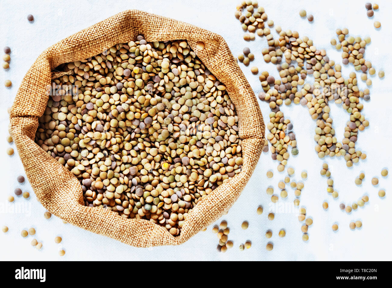 Beautiful heap of brown lentils into brown cotton bag on a white ...