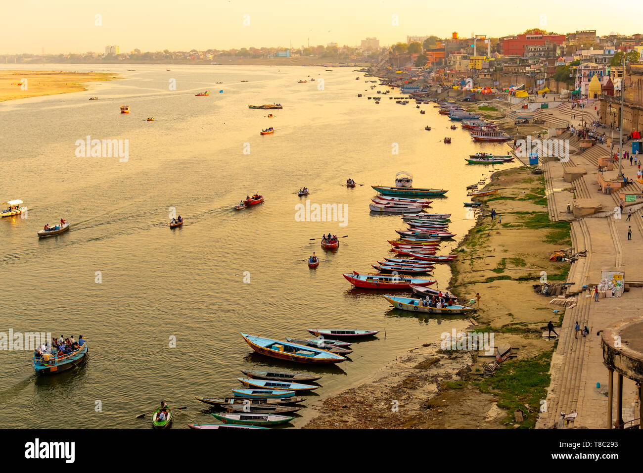 Varanasi Ganges river ghat with ancient city architecture as viewed ...