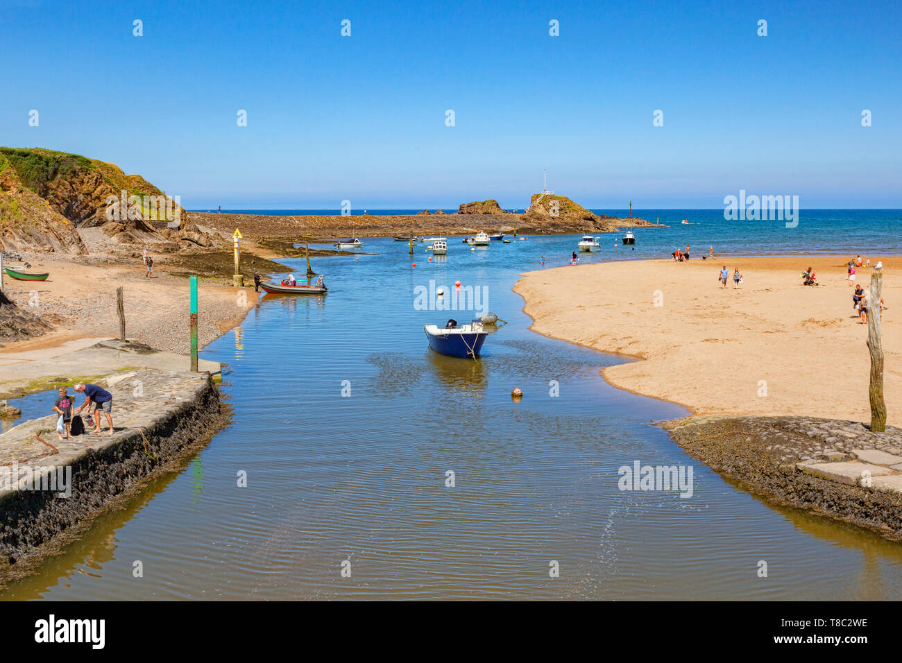 7 July 2018: Bude, Cornwall, UK - The canal and Summerleaze Beach, with ...