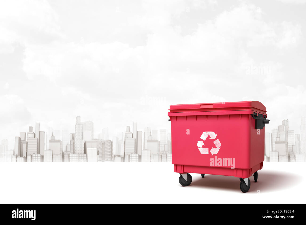 3d rendering of red trash bin on white city skyscrapers background ...