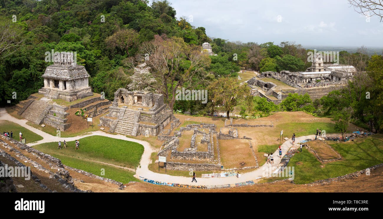 Palenque Mexico - a panorama of the Mayan ruins with from left, Temple ...