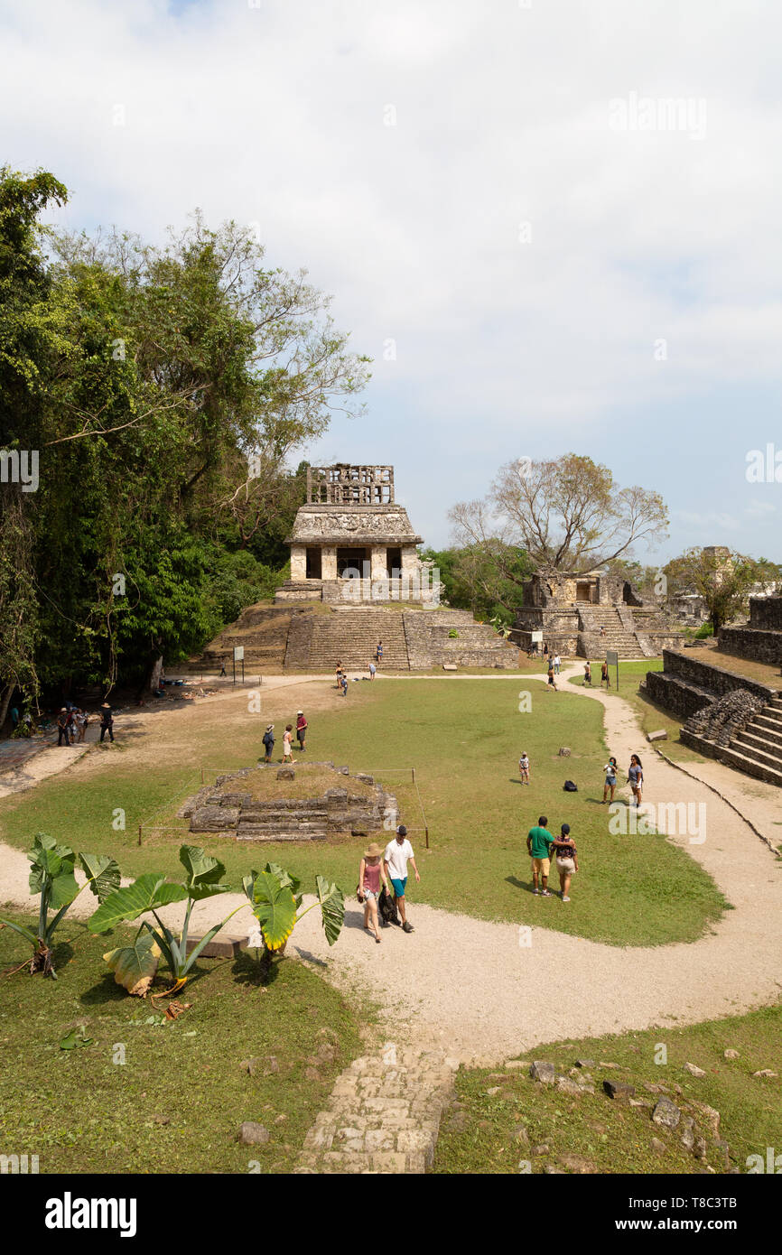 Palenque Mexico; tourists at the Temple of the Cross Complex mayan ...