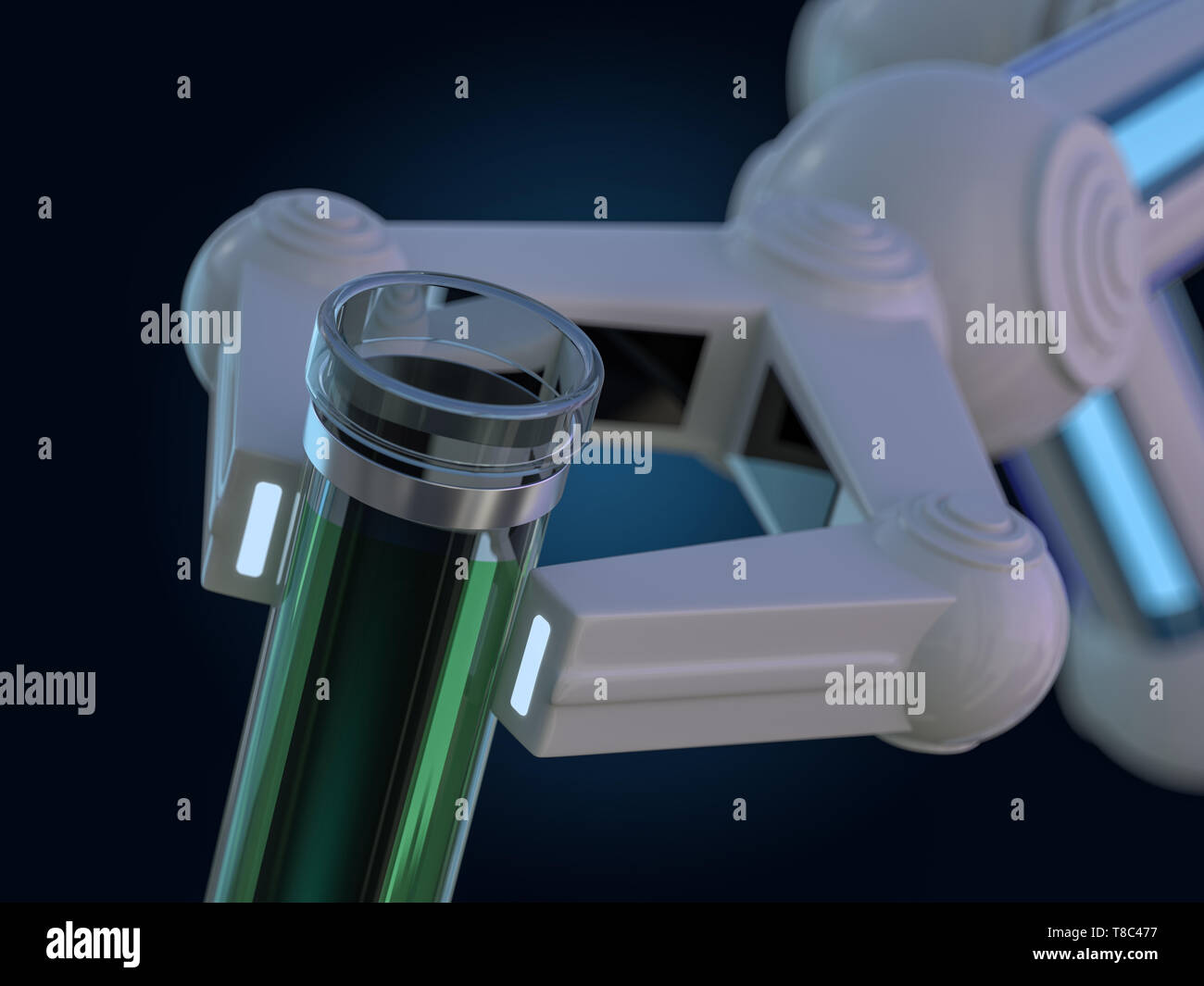 Test tube in robot arm. robot manipulates chemical tubes. 3D rendering ...