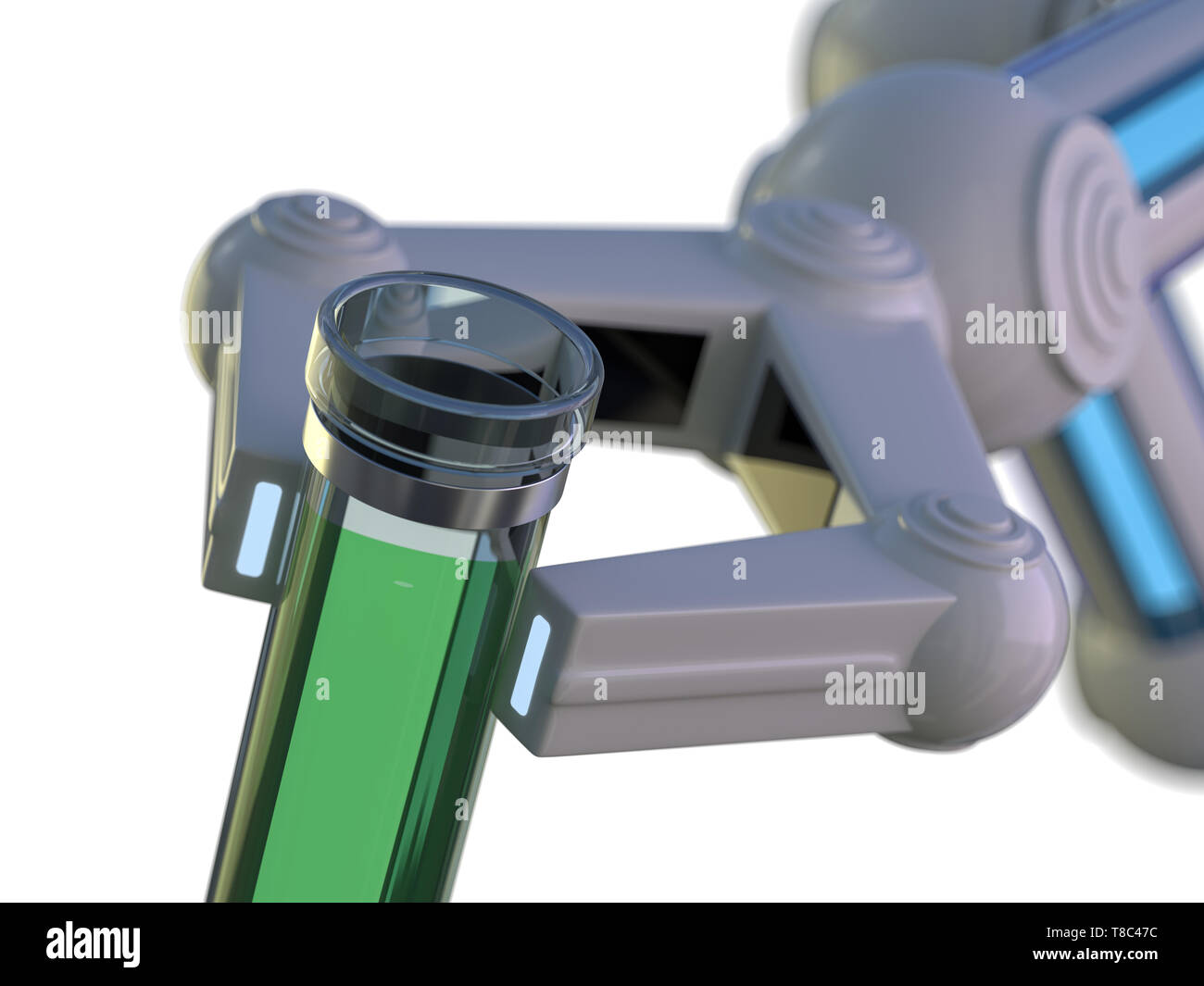 Test tube in robot arm. robot manipulates chemical tubes. 3D rendering ...