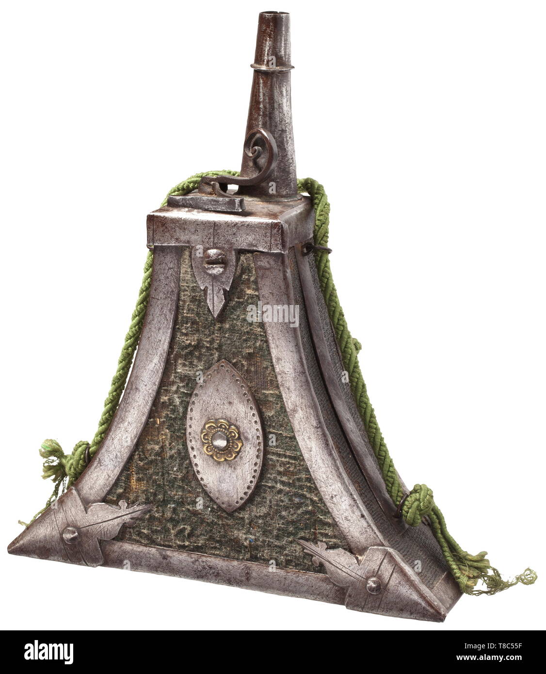 A German musketeer powder flask, circa 1600. Wooden body, the front ...