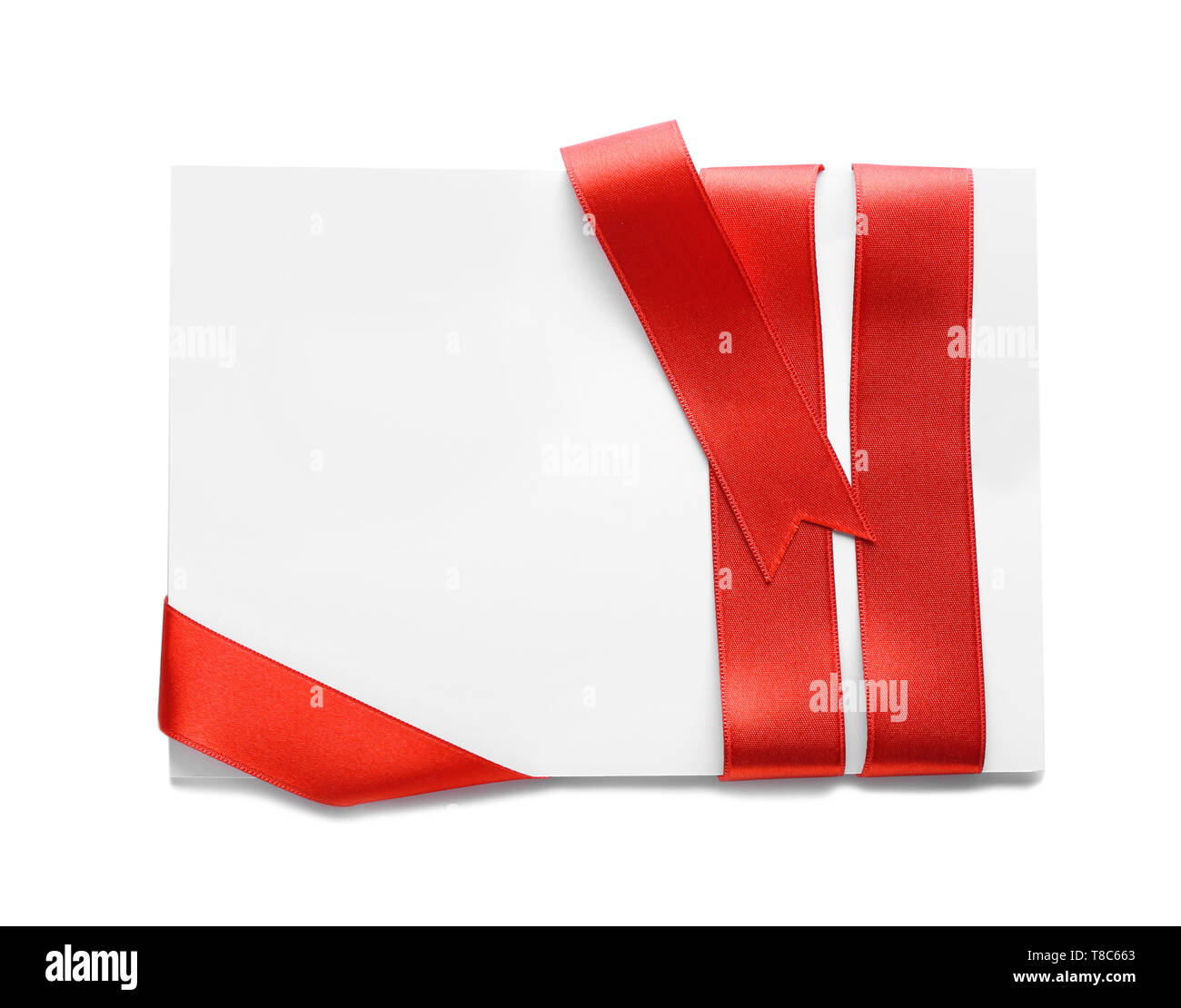 Blank paper card with red ribbon on white background Stock Photo - Alamy