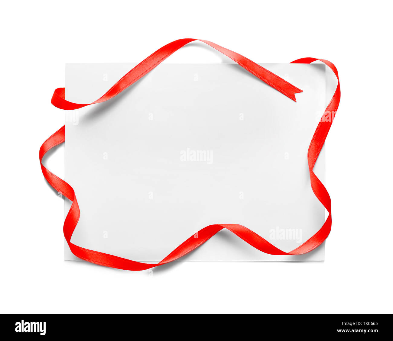 Blank paper card with red ribbon on white background Stock Photo - Alamy