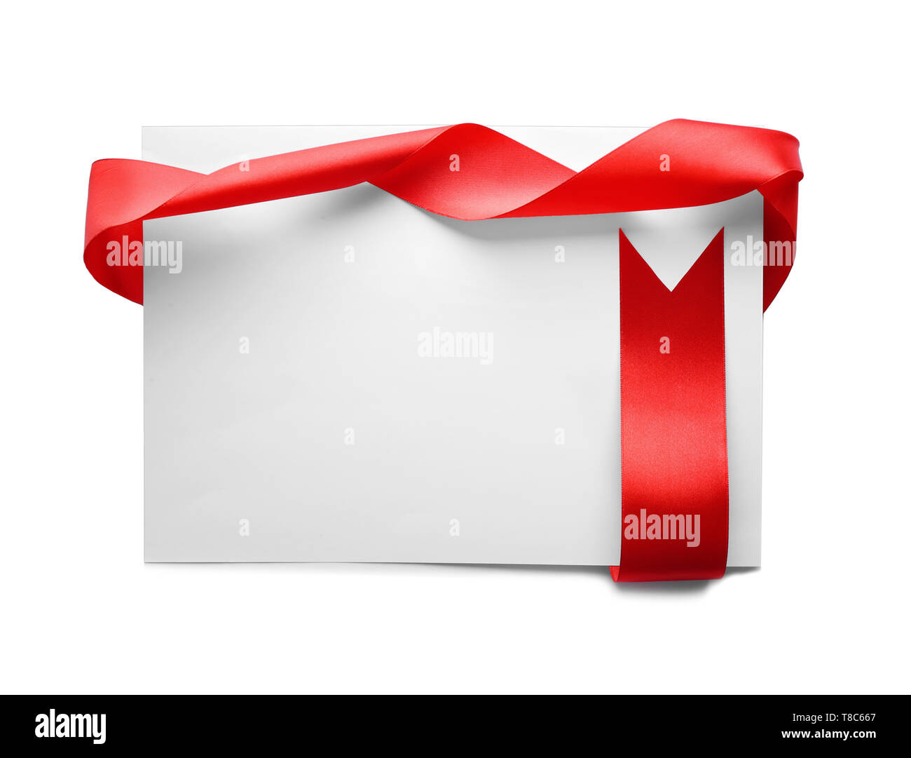 Blank paper card with red ribbon on white background Stock Photo - Alamy