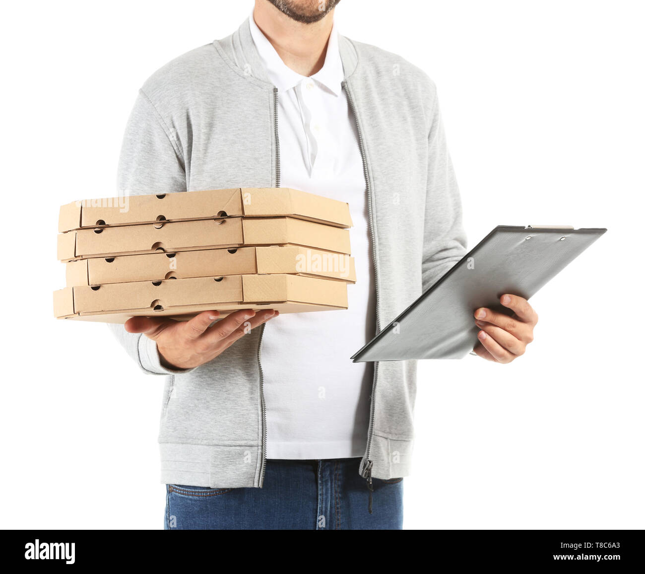 Man with pizza boxes and clipboard on white background. Food delivery ...